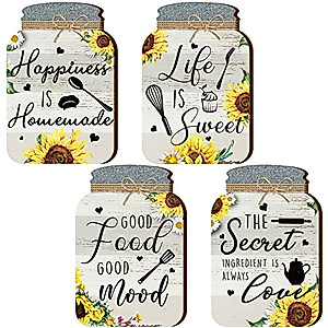 4 Pcs Kitchen Wall Decor Mason Jar Set Wooden Rustic Home Decor Country Kitchen Decor Kitchen Signs Rustic Farmhouse Decorations Kitchen Wall Art Mason Jar Wall Hanging Plaque, 6 x 4 Inch (Sunflower)