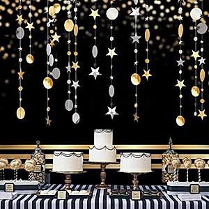 TONIFUL 4Pcs Gold Silver Party Decoration Circle Dot Star Garland Banner Bright Paper Streamer Hanging Decorations Glitter Star Bunting Banner Backdrop for Engagement Wedding Christmas Birthday