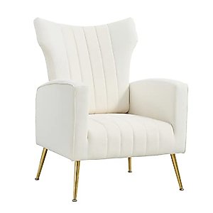 FATFISH Modern Velvet Accent Chair with Arms, Wingback Reading Chair with Gold Metal Legs, Comfy Upholstered Single Leisure Sofa for Living Room Bedroom Club(Velvet+White)