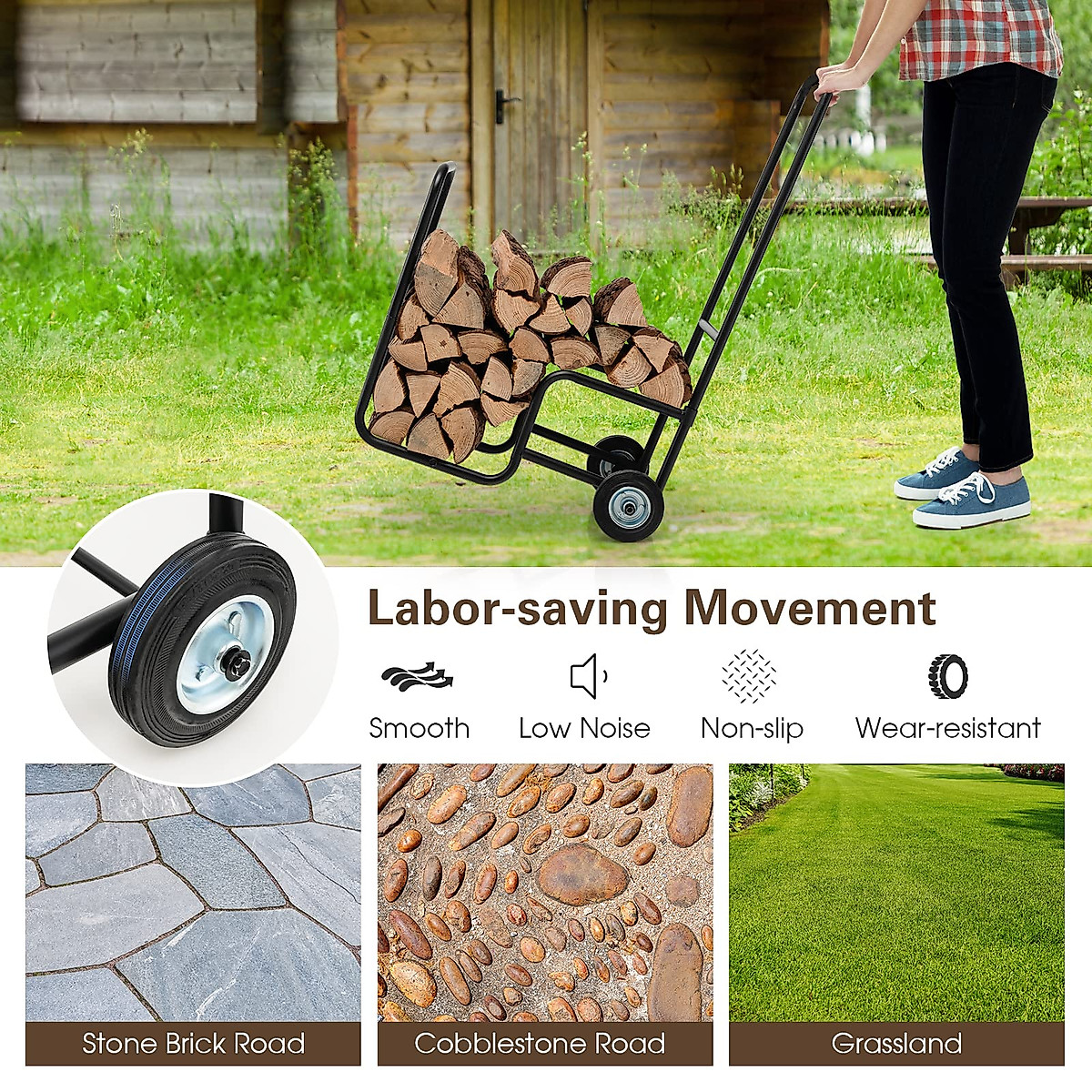 Goplus Firewood Log Cart Carrier, Anti-Slip and Wear-Resistant Wheels, Steel Frame, Large Loading Space, Sturdy Construction, Wide Application, Simple Installation