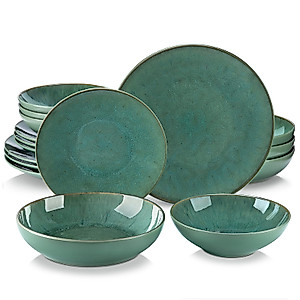 vancasso Karst 16 Pieces Dinnerware Set, Round Dish Set, Plates and Bowls Set, Green