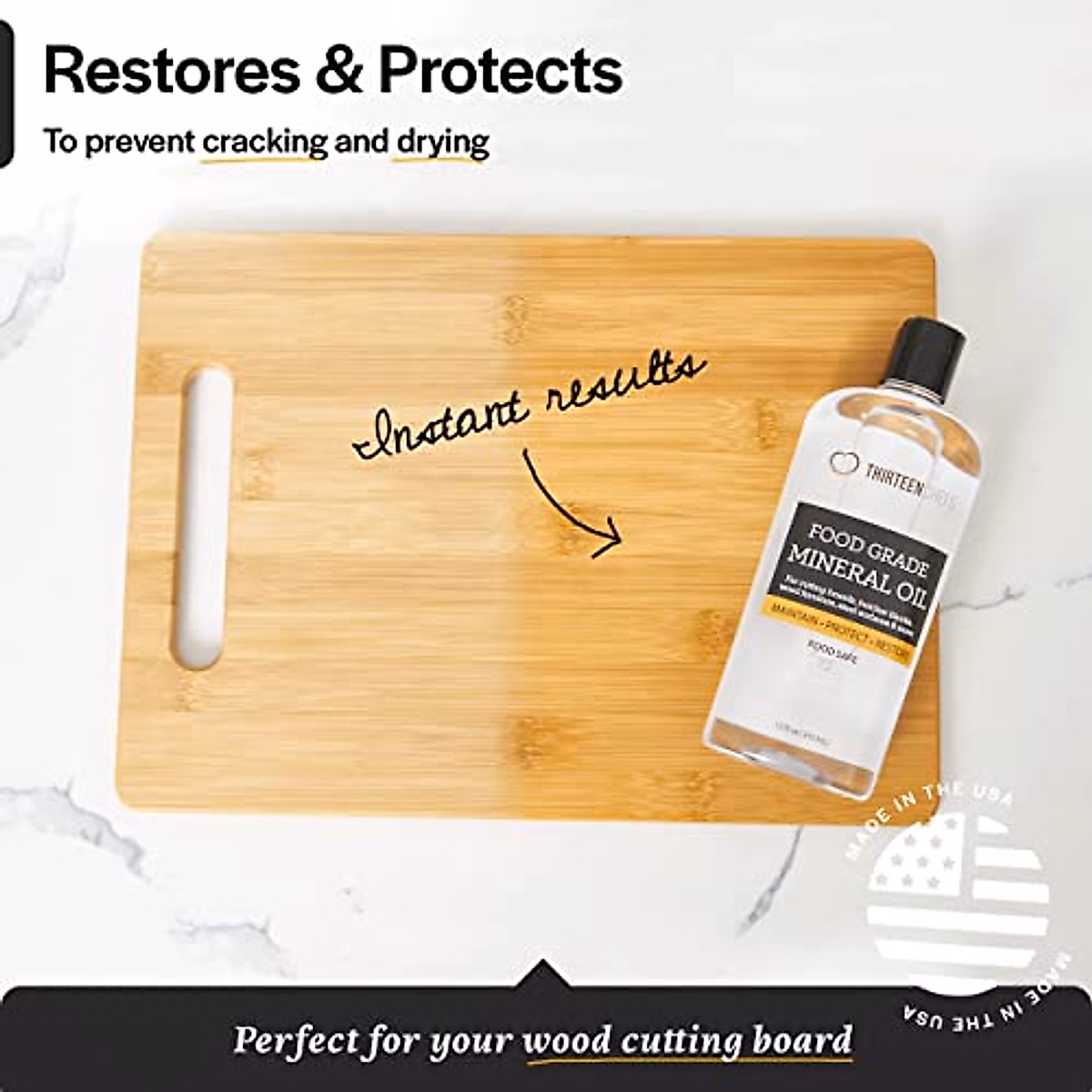 Thirteen Chefs Mineral Oil - 12oz Food Grade Conditioner for Wood Cutting Board, Countertop & Butcher Block, Lubricant for Knife or Meat Grinder - Safe USP Finish on Bamboo, Marble, Soapstone