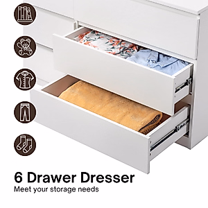 HOBBYZOO 6 Drawer White Dresser for Bedroom, Wood Dresser with Drawers, 55" Long Dresser with Drawers, Bedroom Furniture with Large Storage, Double Dresser Chest of Drawers