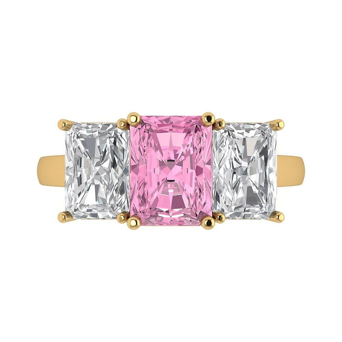 Clara Pucci 3.94ct Emerald Cut 3 Stone Solitaire accent Pink Simulated Diamond Designer Wedding Anniversary Bridal Ring 14k yellow Gold