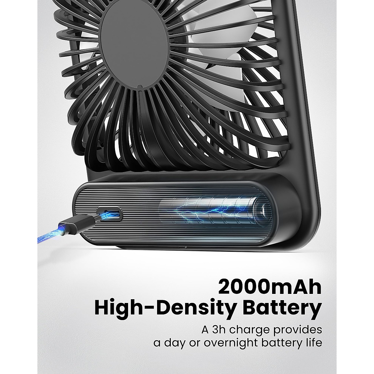 Koonie Desk Fan, Ultra Quiet 2.5-11h Battery Operated Small USB Fan with Strong Wind, 180° Tilt Folding and 3 Speeds Adjustable, Battery Powered Mini Personal Fan for Office Bedroom Desktop