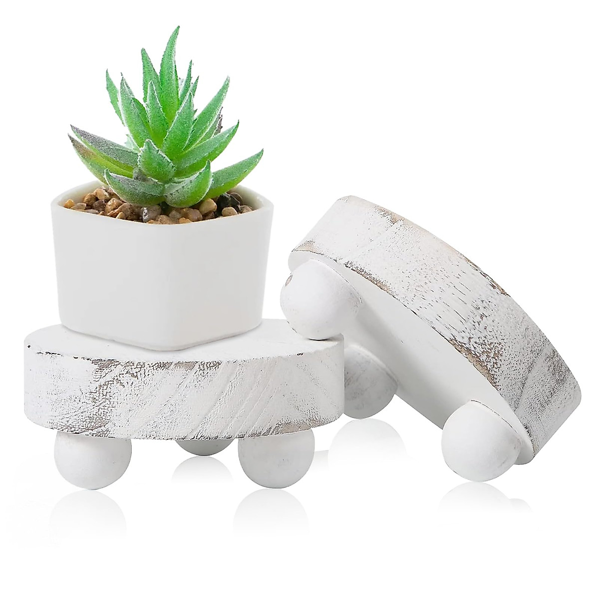 Ziluce Mini Wood Riser for Tiered Tray Decor, 2-Pack Small Wooden Risers for Display, 4-Inch Round Pedestal Stand, Distressed Farmhouse Risers for Home Decor - White