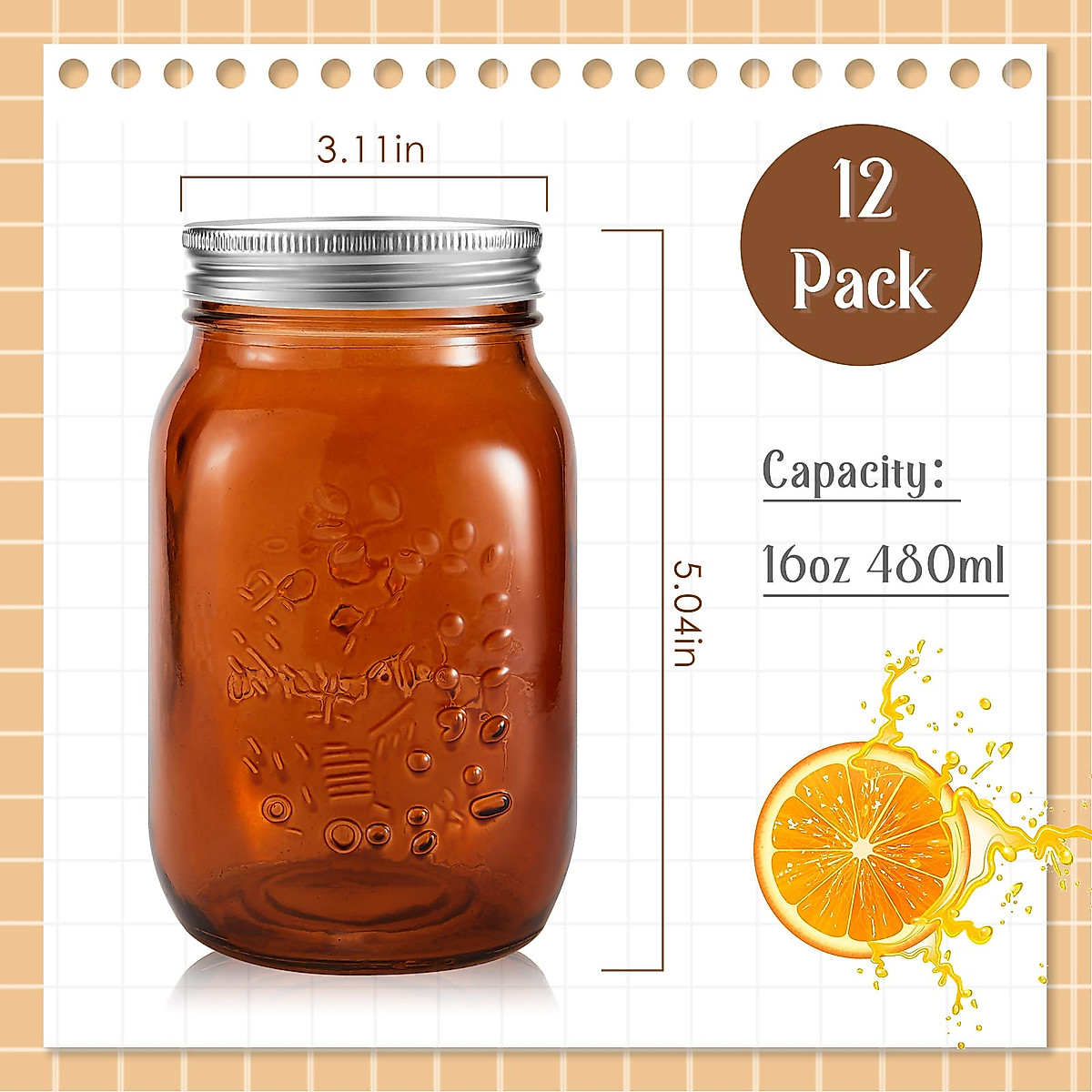 Tessco 12 Pieces 16 oz Amber Mason Jars with Lids Decorative Pint Canning Jars Regular Mouth Kitchen Canisters Glass Food Containers for Storage Pickling Preserving Fermenting, Christmas DIY Crafts
