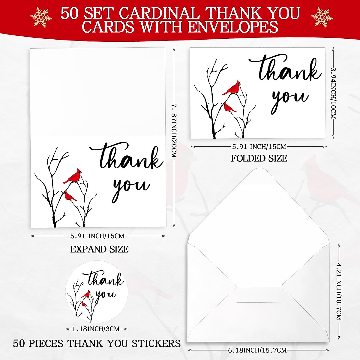 Cholemy 50 Set Cardinal Thank You Cards Bird Memorial Cards Funeral Thank You Cards with Envelopes and Stickers Message Sympathy Bereavement Card for Family Loved Ones Celebration of Life