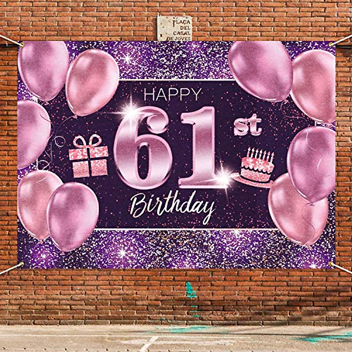 PAKBOOM Happy 61st Birthday Banner Backdrop - 61 Birthday Party Decorations Supplies for Women - Pink Purple Gold 4 x 6ft