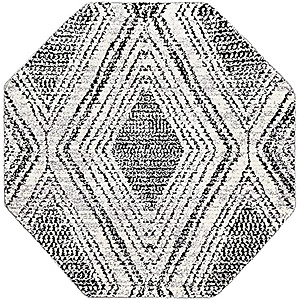 Rugs.com Tagine Collection Rug – 5 Ft Octagon Black and White Medium-Pile Rug Perfect for Living Rooms, Kitchens, Entryways