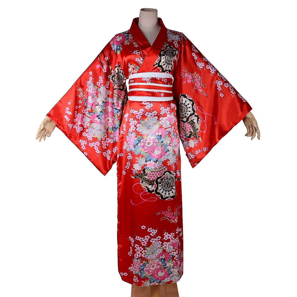 Women Japanese Kimono Robe Sweet Floral Patten Japanese Kimono Cosplay Dress Outfit Women Silk Satin Bathrobe Sleepwear (Long Kimono Red)