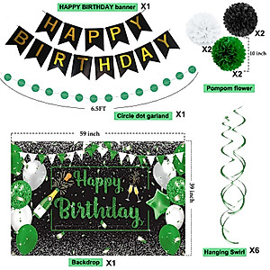 Birthday Decorations Kit for Men, Green and Black Birthday Party Decor Boy with Plastic Backdrop, HBD Banner, Paper Pompoms, Hanging Swirl and Circle Dot Garland