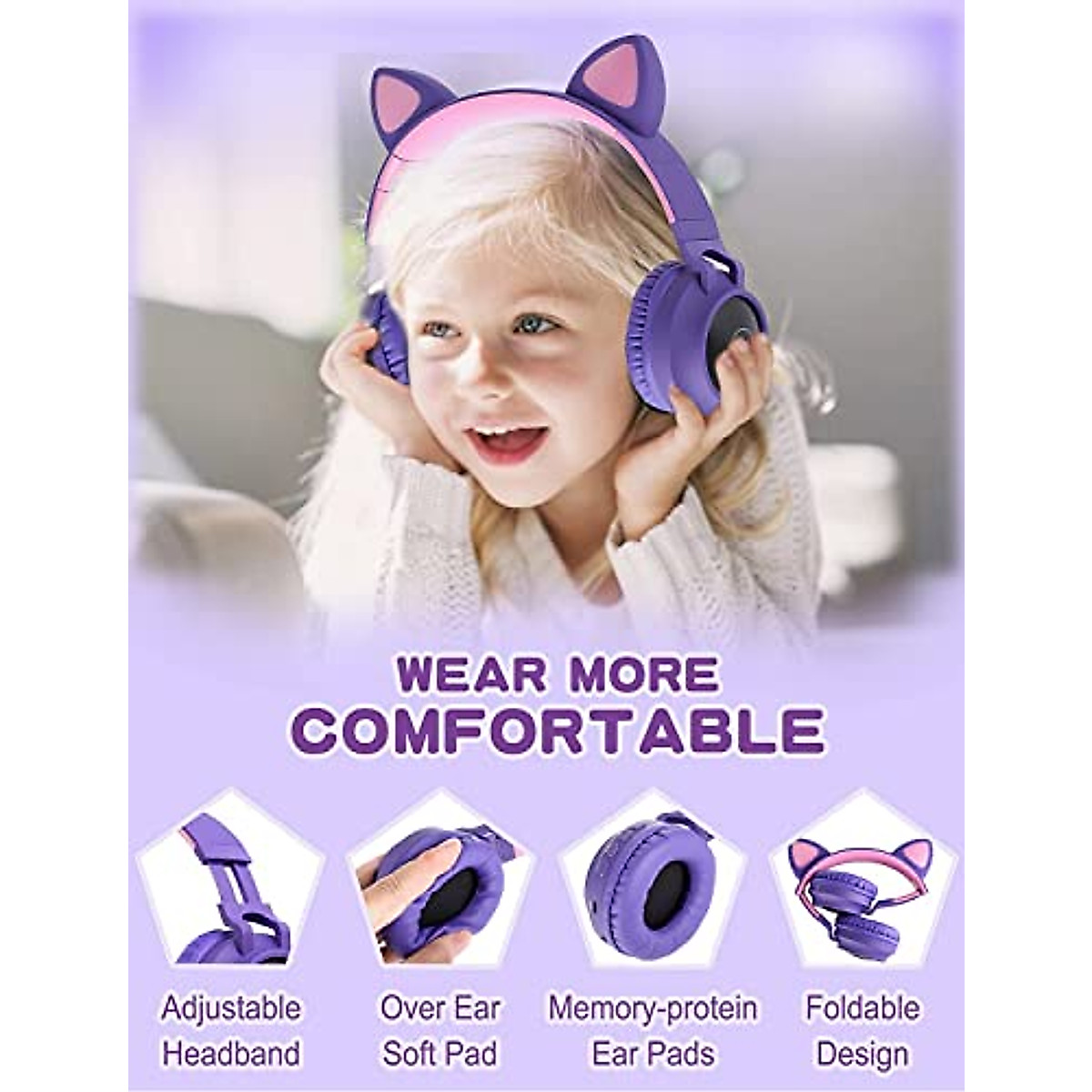 Usoun Kids Wireless Headphones,Cat Ear LED Light Up Wireless Foldable Headphones Over Ear with MIC,Stereo Sound,FM Radio/TF Card,Childrens Headset for Boys Girls Adults,School Study Home (Purple)