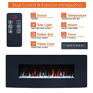 Nilecc Electric Fireplace Insert, 36" in-Wall Recessed and Wall Mounted 1500 W Faux Fireplace Fit for 2X 4 and 2X 6 Stud with Remote Control, Log & Crystal
