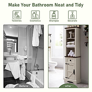 OKD Bathroom Storage Cabinet, Farmhouse Storage Cabinet with Adjustable Shelves & Storage Drawer, Tall Linen Tower for Bathroom, Living Room, Rustic Oak with Antique White
