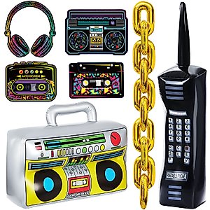 26 Pieces 80s 90s decorations Inflatable Radio Boombox Inflatable Mobile Phone Gold Inflatable Foil Chain Balloons 80s 90s Props Retro Cassette Headphones Player Cutouts for Hip Hop Party Decoration