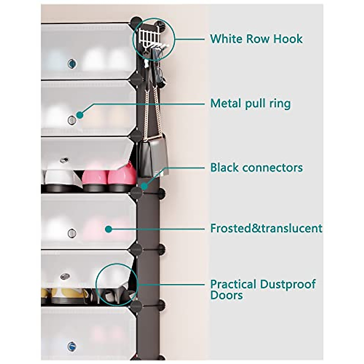 DINMO 10-Tier Shoe Rack with Doors for Entryway, 20 Pairs, Portable Plastic Cubby Shoe Shelves Organizer Unit, DIY Shoe Cabinet, Black