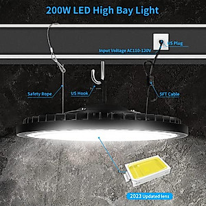 Viugreum 2pack LED High Bay Light 5000K, 200W, 20000Lm(Ip65) UFO High Bay Lights with US Plug Commercial Bay Lighting for Barn/Garage Commercial Warehouse Car Wash Shop UFO Lights, Hanging Chain