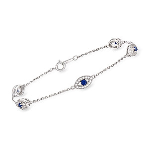 Ross-Simons 0.30 ct. t.w. CZ and .20 ct. t.w. Simulated Sapphire Evil Eye Station Bracelet in Sterling Silver. 7 inches