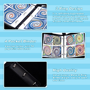 Jravkfi Trading Card Binder,4 Pocket Card Binder,Card Collection Binder with 50 Removable Sleeves Suitable for 400 Cards 3-Ring Zipper Trading Card Book is A Toys Gift for Girls and Boys-Yellow