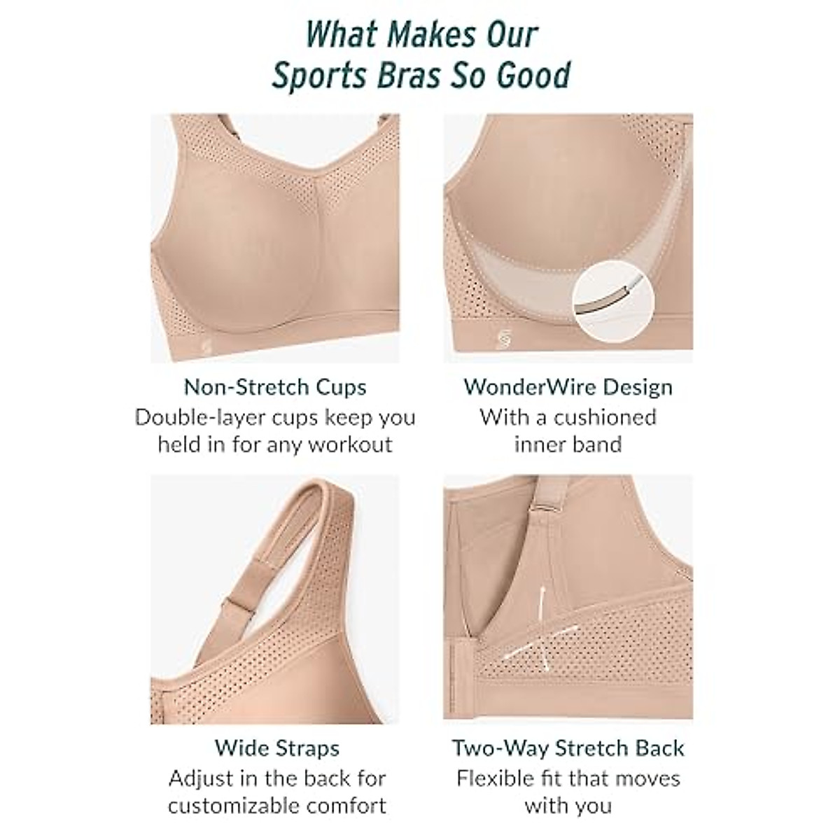 Full Figure Plus Size High Impact Wonderwire Sports Bra Underwire #9066 Café