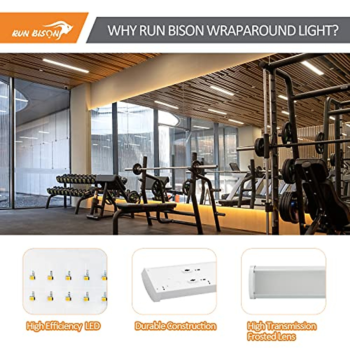 Run Bison 4FT LED Wraparound Light Fixture, 3 Color Selectable 3500K-5000K,Lumen Adjustable 3680/4600/5520LM,120-277V, 0-10V Dimmable Vapor Proof Parking Garage Light Fixture - 2 Pack