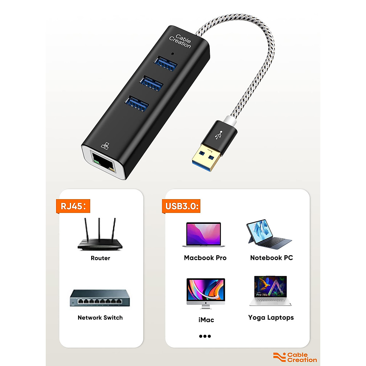 USB to Ethernet Adapter, CableCreation 3-Port USB 3.0 Hub, USB 3.0 Ethernet Adapter RJ45 10/100/1000 Mbps Gigabit Compatible with Windows PC, Laptop, MacBook Pro, USB Flash Drives etc, Aluminum Black
