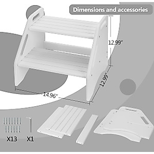 AMBIRD Wooden Two Step Stools Toddler with Safety Non-Slip Pads and Handles, Bamboo Step Stool for Bathroom, Bedroom, Kitchen Dual Height Step Stools for Kids (White)