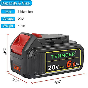 TENMOER 2 Pack 6.0Ah Compatible with Dewalt 20V 6.0Ah Battery Replacement for Dewalt 20V Batteries DCB206-2