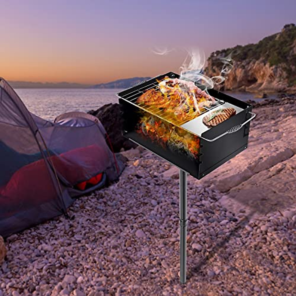 Outdoor Park Style Grill Rotatable 4 Level Height Adjustable BBQ Grill Steel 25 inch x 17 inch Cooking Area Camp Grill for Parks Gardens or Balconies