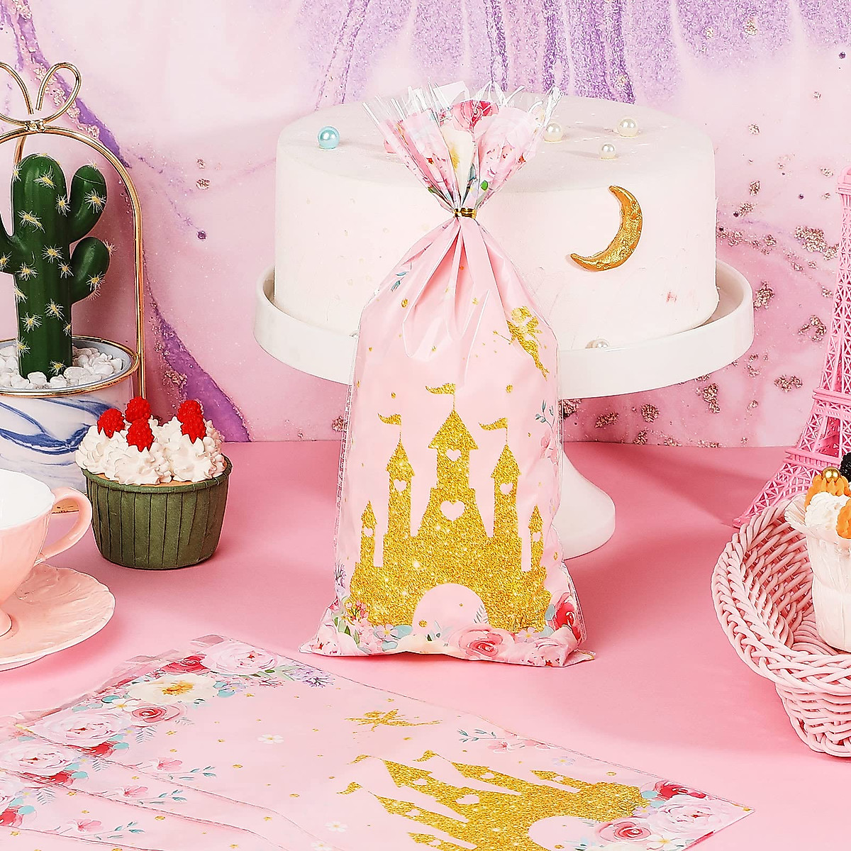 Leinuosen 100 Pcs Princess Theme Cellophane Treat Bags with Ties Castle Floral Fairy Princess Party Favor Bags Pink Plastic Candy Bags Cookie Bags Favor Gift Bag for Princess Birthday Party Supplies