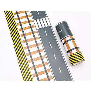 Manzawa Road Tape for Toy Car & Trains,3 Tape Rolls, Bonus 160 Traffic Sign Die Cut Stickers, 4 Road Tight Curves and 4 Trains Tight Curves, Develop Your Kids Imagination and Memory, Play and Learn