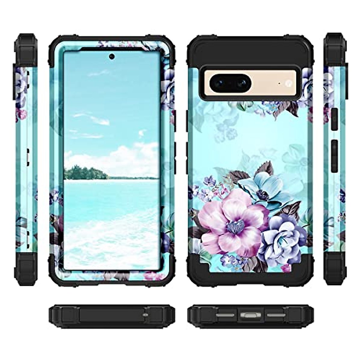 Uamark for Google Pixel 7 Case,Three Layer Heavy Duty Shockproof Full Body Protective with 2 Tempered Glass Screen Protector + 2 Camera Lens Protector Case for Google Pixel 7 5G(2022),Blue Flower