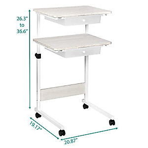 East Bank Designs Adjustable Height Rolling Table, White with Wood Grain Laminate Top