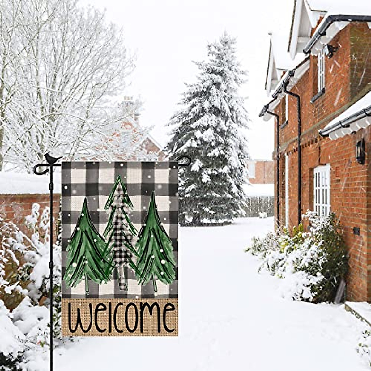 Welcome Christmas Trees Winter Garden Flag 12 x 18 Inch Vertical Double Sided Buffalo Plaid Holiday Yard Outside Xmas Décor