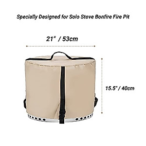 Stanbroil Fire Pit Cover for Solo Stove Bonfire, Outdoor Round Patio Fireplace Shelter Cover with Straps and Handle, Waterproof and Windproof, Beige
