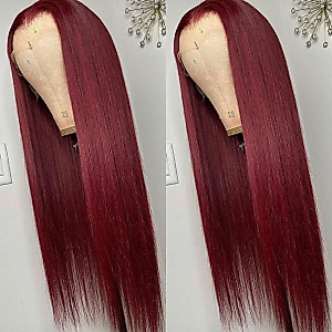 ANITA STYLE #99J Burgundy Lace Front Wigs Long Straight T Part Hair Wigs Wine Red Heat Resistant Fiber Hair Synthetic Lace Front Wigs With Natural Hairline (Burgundy)