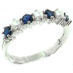 LetsBuyGold 925 Sterling Silver Cultured Pearl & Sapphire Womans Eternity Ring - Size 4