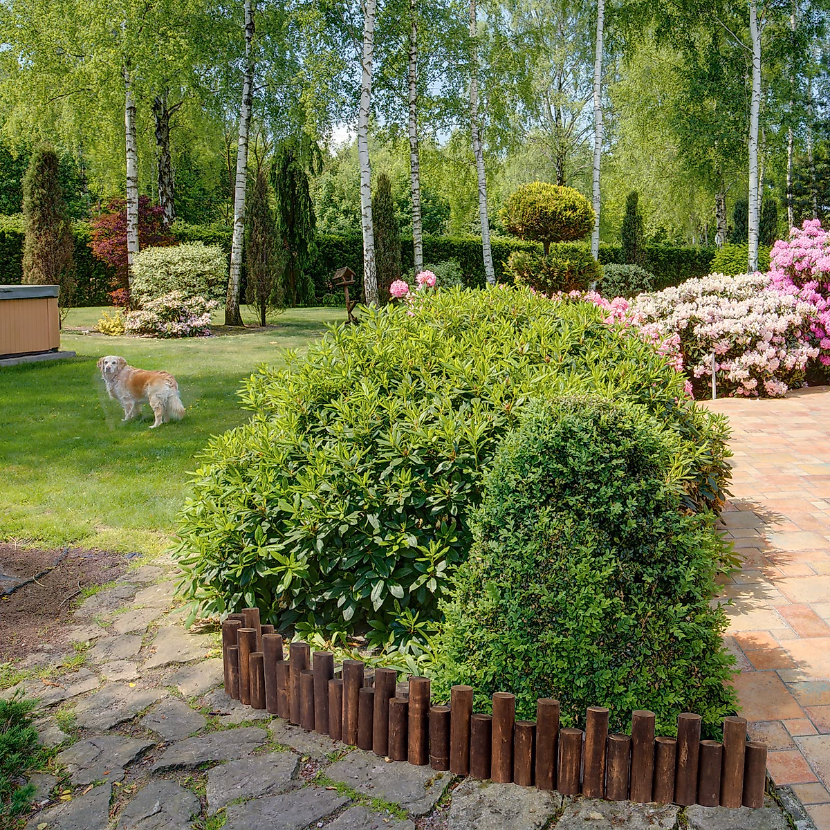 Worth Garden Log Rolls Wooden Short Fence Border - 6.5 in. H x 47 in. L Burnt Wood Finish Outdoor Garden Lawn Landscape Edging Flexible Decorative Heavy-Duty Tree Fence Border - Yard Maintenance