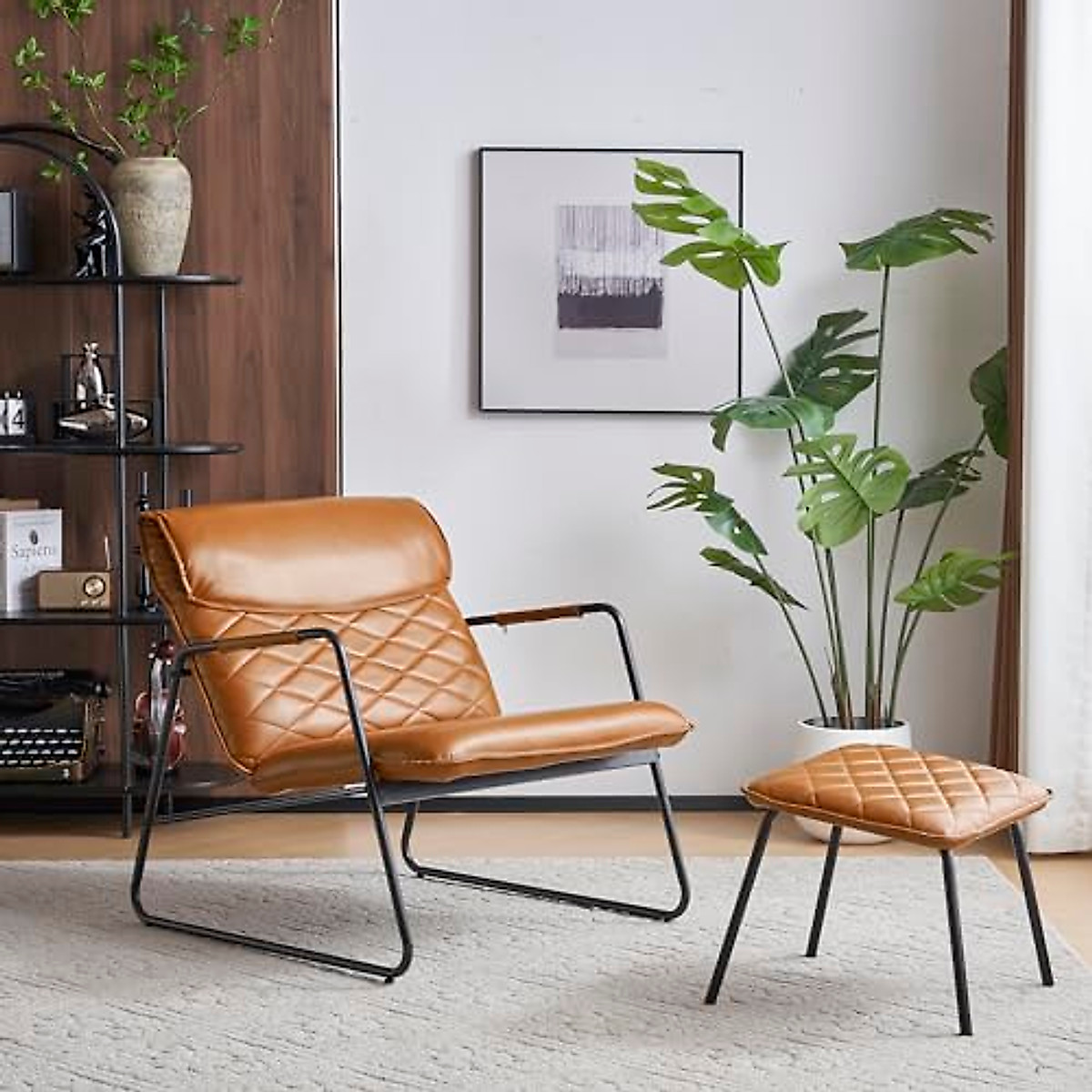 Penifun Accent Chair and Ottoman Set, PU Leather Upholstered Comfy Side Leisure Lounge Armchair with Metal Frame & Lattice Back, Footstool for Living Room, Orange