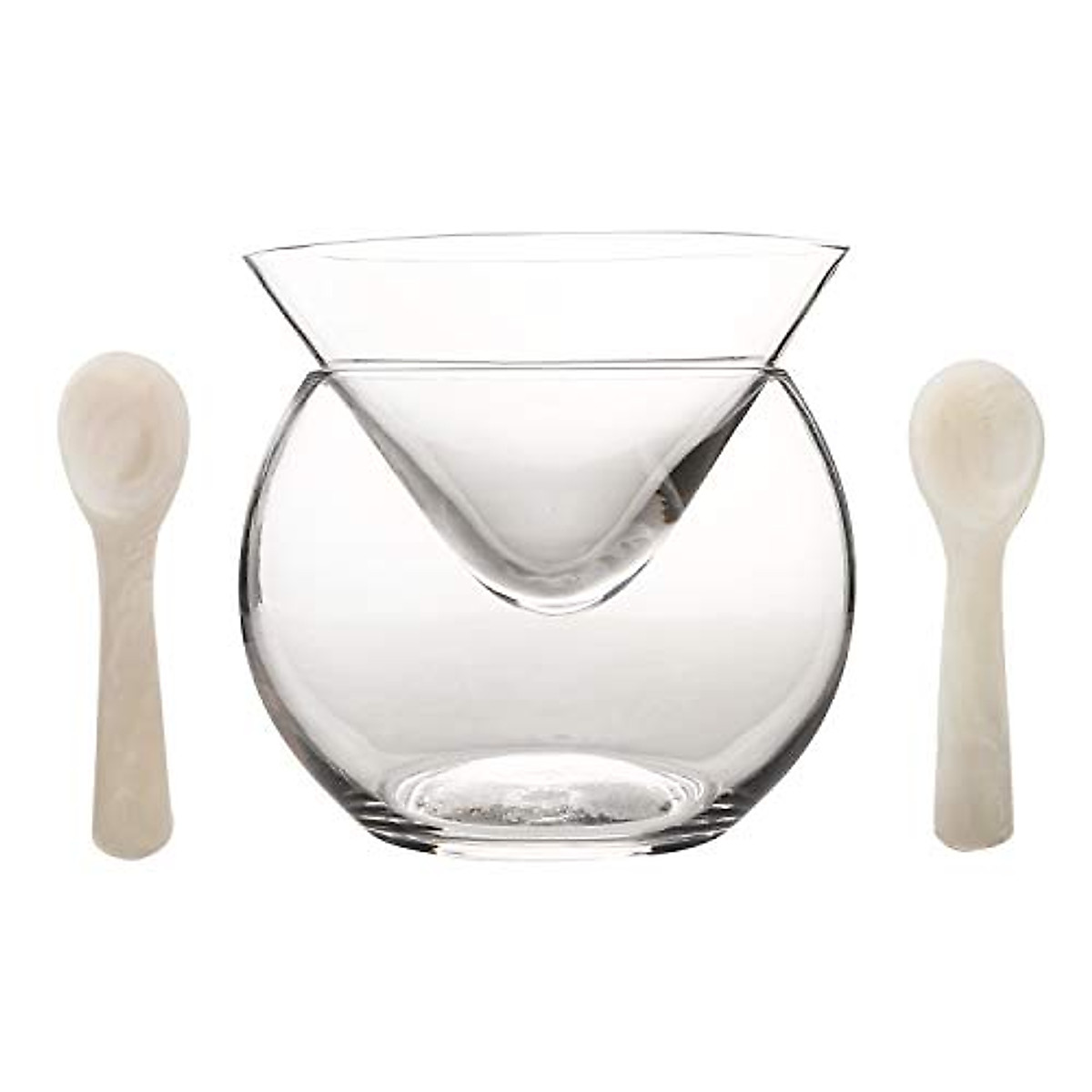 DUEBEL Glass Caviar Chiller Server Set Plus 2 pcs. x Mother of Pearl Caviar Spoon 3.15" – Universal Martini, Wine, Liquor Cocktail Chiller