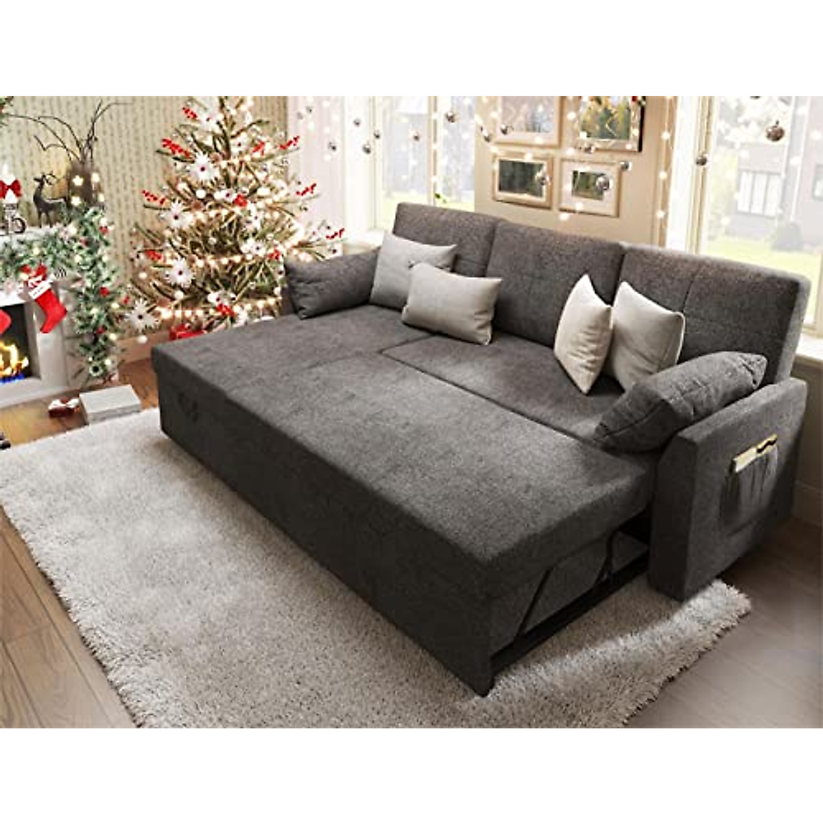 PaPaJet Sofa Bed, 2 in 1 Sofa Sleeper with Storage Chaise-Pull Out Couch Bed for Living Room, Sleeper Couch with Pull Out Bed Grey