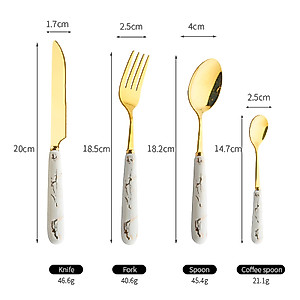 24 Piece Set Gilded Metal Flatware Set,with Ceramic Handle Service for 6,Cutlery Kitchen Utensil Set Tableware,Steaks Knife/Fork/Spoon/Coffee Spoon Combination Tableware,with Hanging Caddy(White)