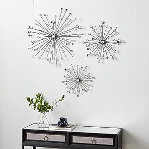 Deco 79 Metal Sunburst Wall Decor with Crystal Embellishment, Set of 3 16", 20", 24"W, Black