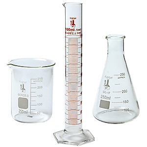 Beaker, Flask, Cylinder Set, 3.3 Boro. Glass - 3 Pieces - 250ml Beaker, 250ml Flask and 100ml Cylinder, Karter Scientific 214Z2