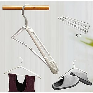 Fineget Folding Clothes Skirt Shirt Hangers with Clips Plastic Coat Travel Shoes Socks Shorts Hangers Foldable Collapsible Closet No Slip Heavy Duty White Hangers Retail Organizer 4 PCS + 8 Clips