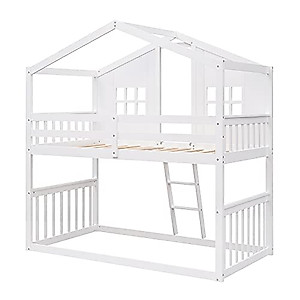 TARTOP Twin Over Twin House Bunk Bed with Ladder, Twin Wood Bed Frame with Roof Design, Bunk Bed for Teens, Boys and Girls, White