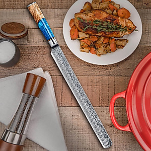 SENKEN 12" Damascus Steel Brisket Knife - Tsunami Collection - 67-Layer Japanese VG10 Steel with Blue Resin Burl Wood Handle - Ultra Sharp Carving Knife for Brisket, Meat, Roasts, and Large Fruit