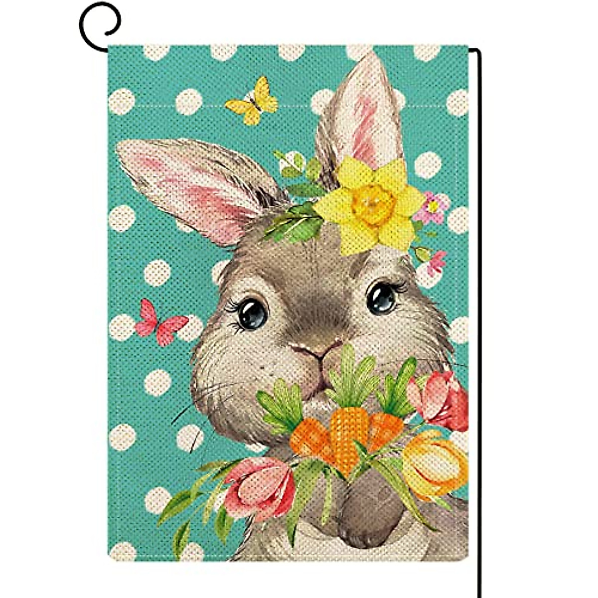 ORTIGIA Easter Bunny Garden Flag 12x18Inch Burlap Double Sided Polka Dot Spring Easter Rabbit with Tulips Flowers and Carrots Flags Spring Summer Farmhouse Seasonal Outdoor Flag