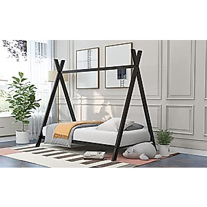 Cute Twin Bed Frame, Twin Metal Bed Frames Black Platform Bed Frame Metal Floor Play House Bed with Slat 75 Inch